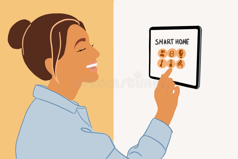 Woman Controlling Home with a Digital Touch Screen Panel Stock Vector ...