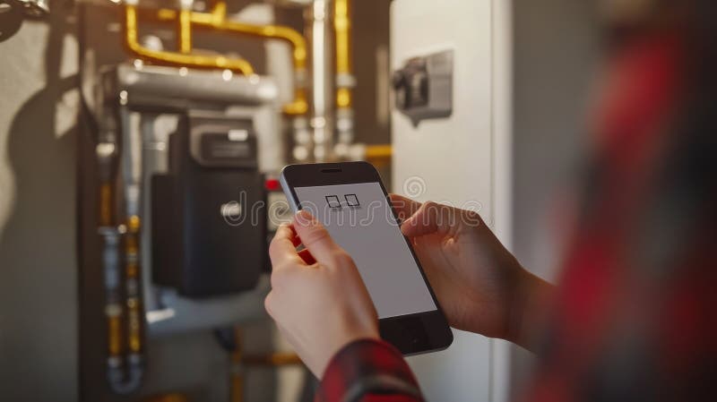 Woman Controlling Home Heating System with Smart Home App Using Phone ...