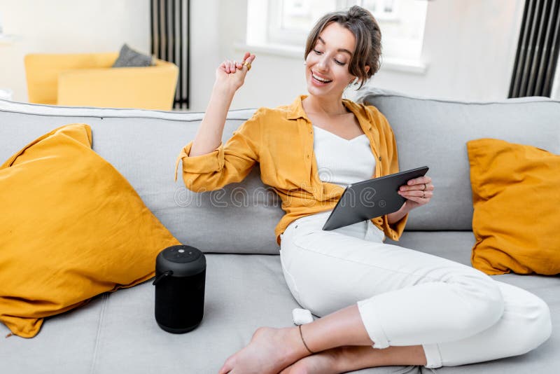 Woman Controlling Smart Home Devices With A Voice Commands Stock Image Image Of Digital