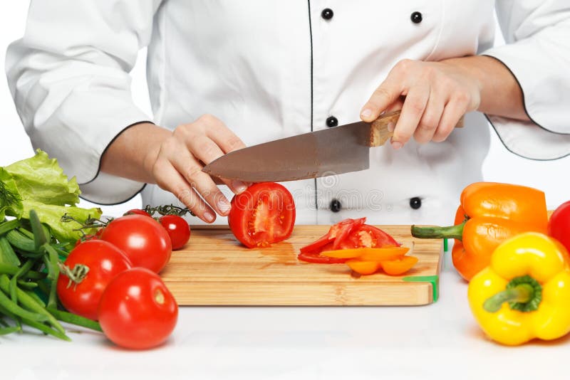 Woman Cook Cutting Fresh Vegetables on Wooden Board Stock Photo - Image ...