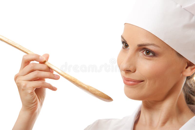 Woman Cook Eating With Spoon, Isolated On White Stock Photo - Image of ...