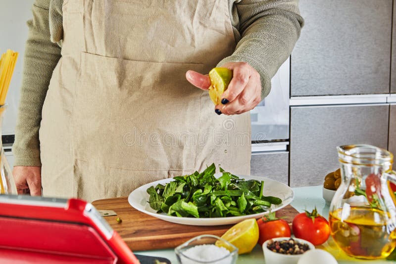 Woman Cooking According the Tutorial of Online Virtual Master Class ...