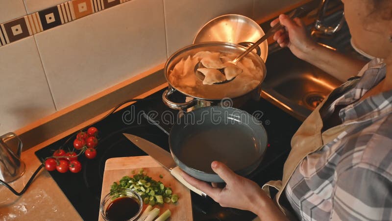 Woman Cooking Dumplings in Modern Kitchen with Ingredients and Steaming ...