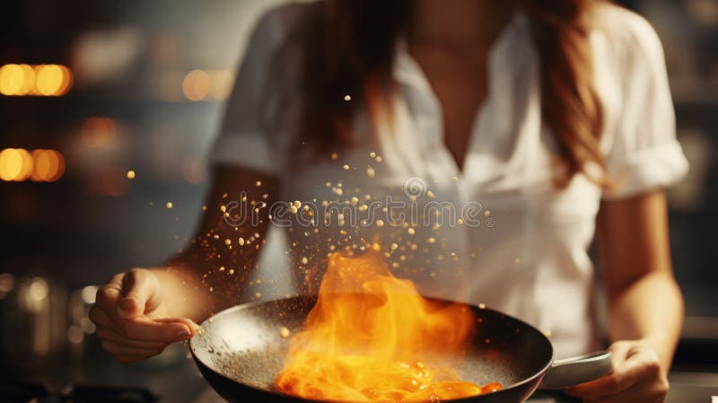 A Woman is Cooking with Fire in a Pan, AI Stock Photo - Image of ...