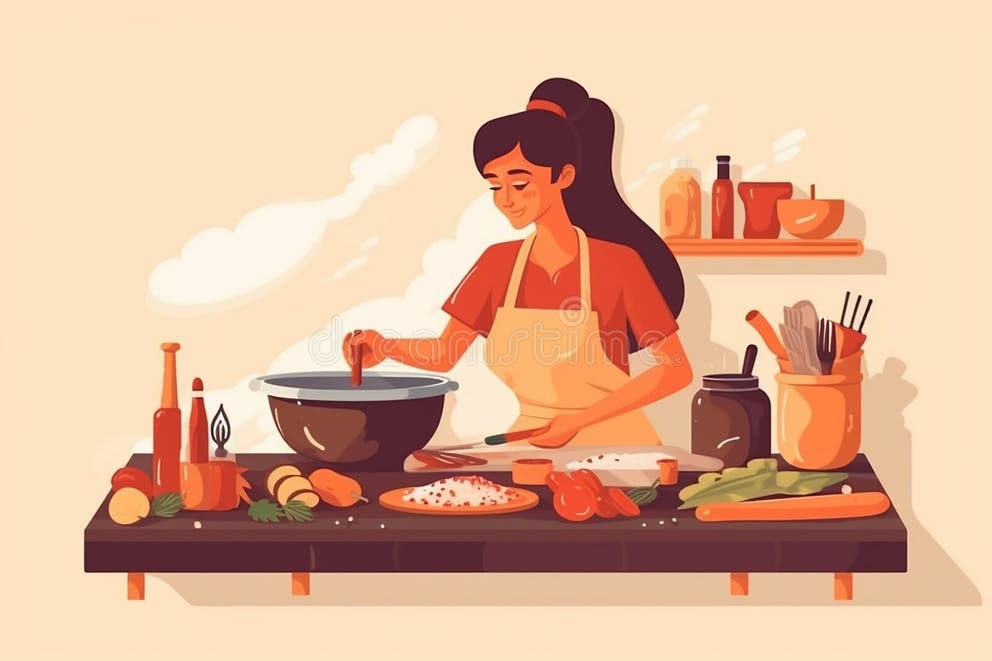 Woman Cooking. Flat Design Illiustration Stock Image - Image of soup ...