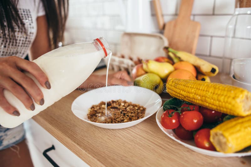 Woman Cooking Food Breakfast in the Kitchen. Stock Image - Image of ...