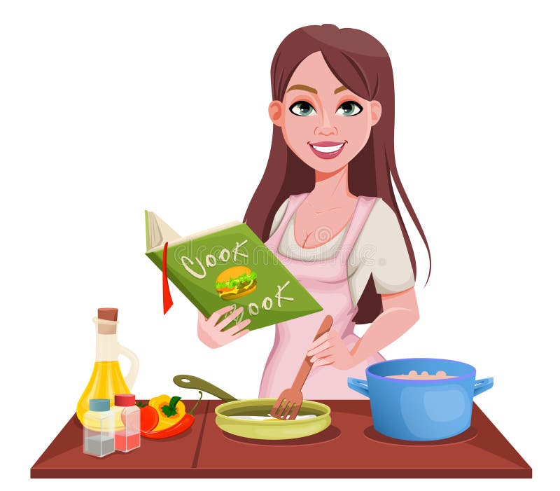 Woman Cooking At Home Cheerful Girl Stock Vector Illustration Of Housewife Book 179016633