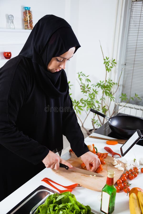 Arabian Woman Cooking in the Kitchen Stock Photo - Image of housewife ...
