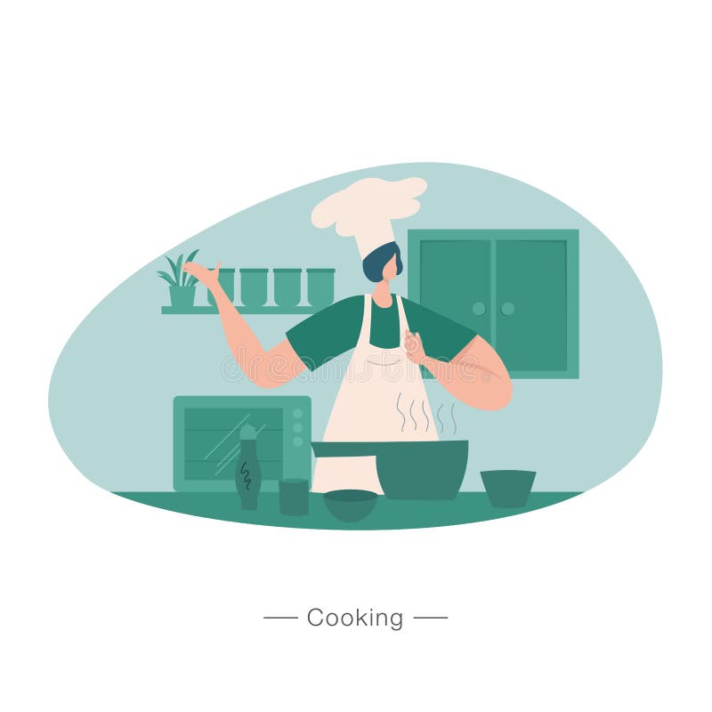 Woman Cooking at Kitchen Flat Vector Illustration Stock Vector ...