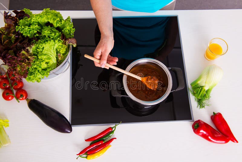 Woman Cooking in the Kitchen- View from the Top Stock Photo - Image of ...