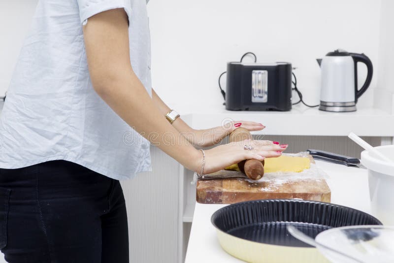 Woman Cooking with Rolling Pie Stock Image - Image of hands, pastry ...