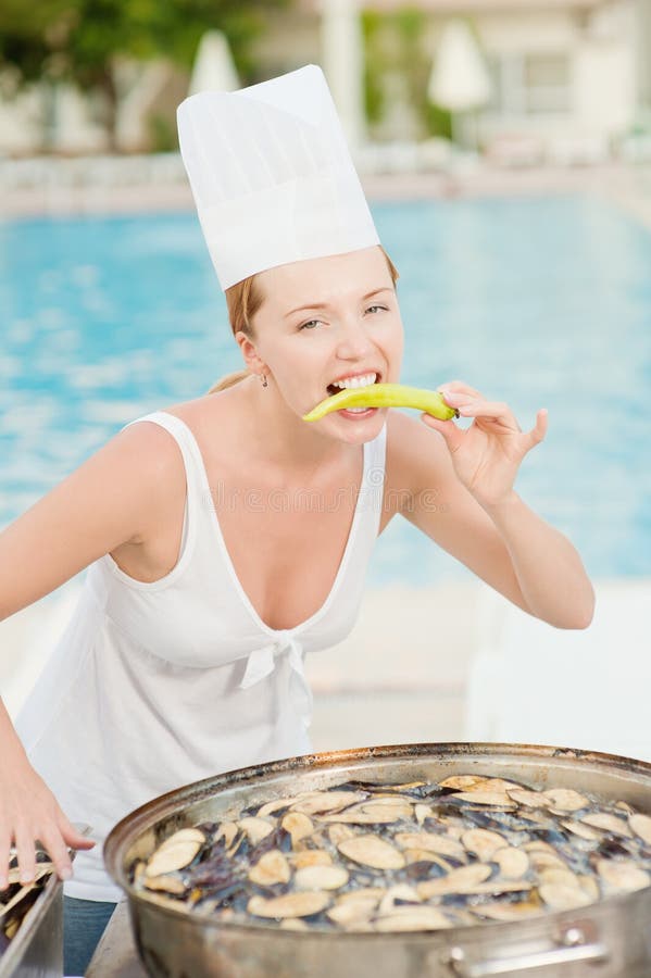 Woman cooks food stock image. Image of chores, commercial - 19583381