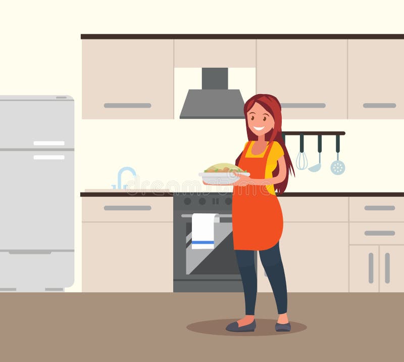 A Woman Cooks in the Kitchen. Vector Illustration Stock Illustration ...