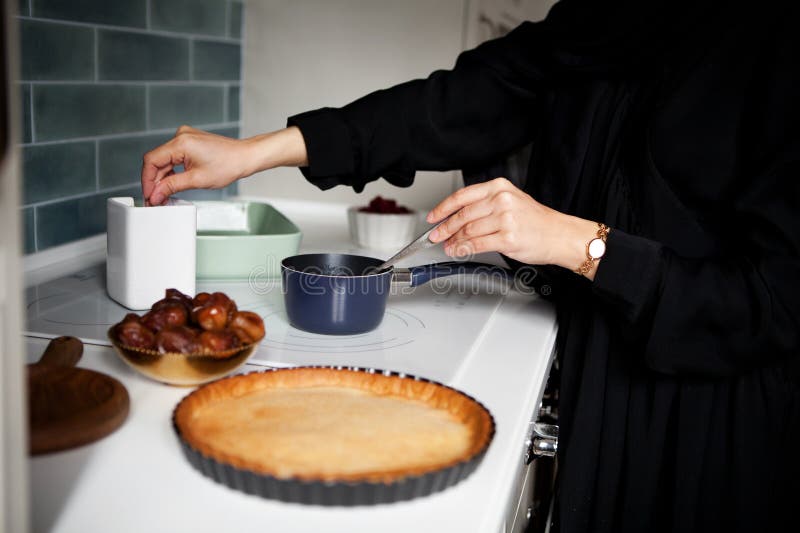 Woman Cooks Pie on Stove. Hands Close Up Stock Image - Image of kitchen ...