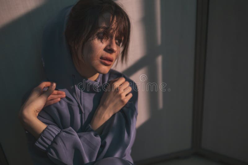 Woman Coping with Depression Crying in the Dark Stock Image - Image of ...