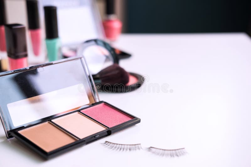 Woman Cosmetics, Brush and Make Up on Dressing Table Stock Photo ...