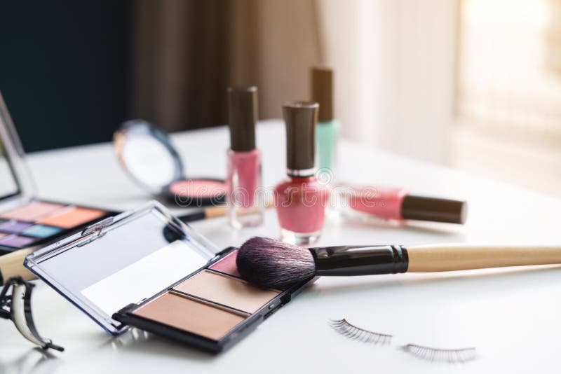 Woman Cosmetics, Brush and Make Up on Dressing Table Stock Image ...