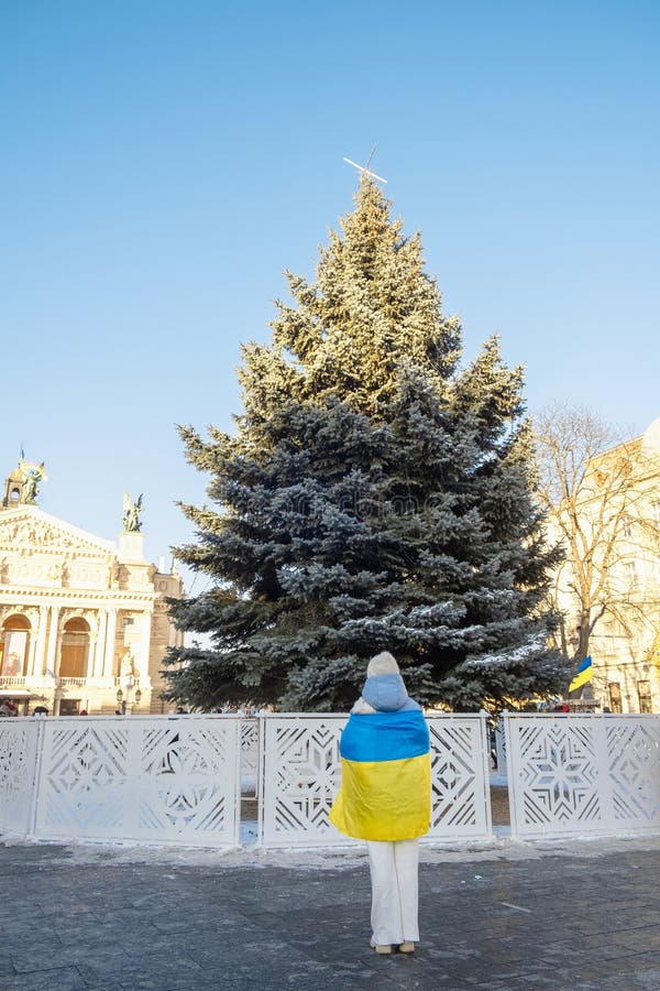 Woman Covered with Ukrainian Flag in Front of Christmas Tree Stock ...