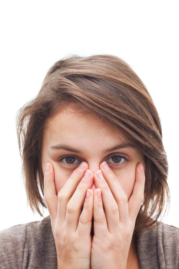 Girl Covering Her Face with Hands One Eye Exposed Stock Image - Image ...