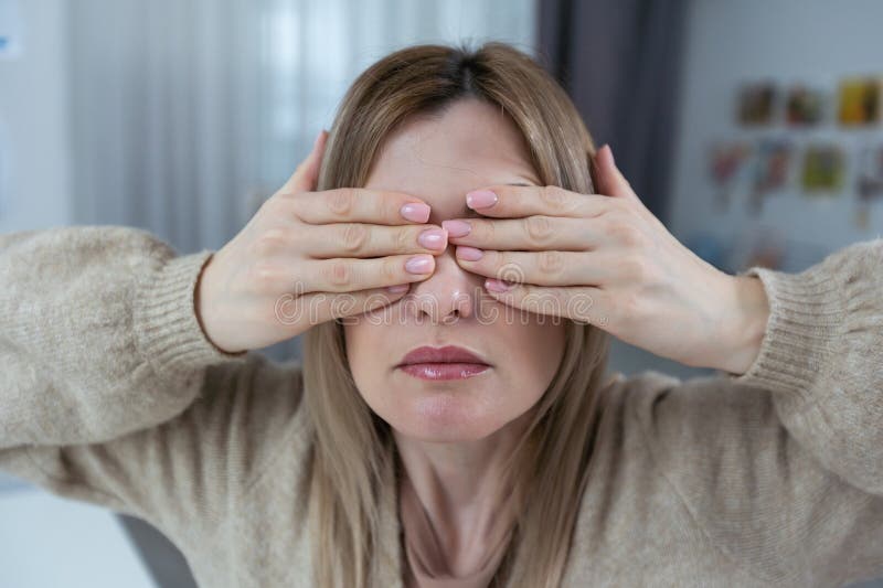Woman Covers Her Eyes with Her Hands Stock Photo - Image of scared ...