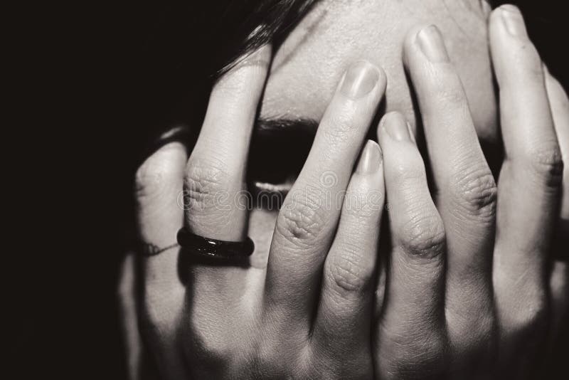 Woman Covers Her Face with Hands Stock Image - Image of confusion ...
