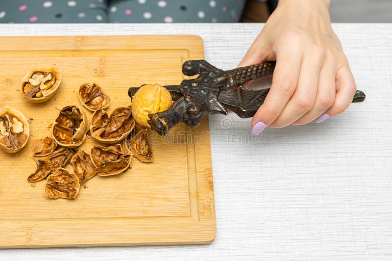 Woman Cracking Walnuts with a Hand-held Nutcracker. Stock Photo - Image ...