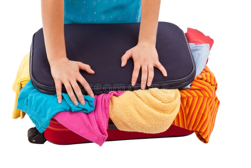 Woman Crammed Full of Clothes in Red Suitcase Stock Photo - Image of ...