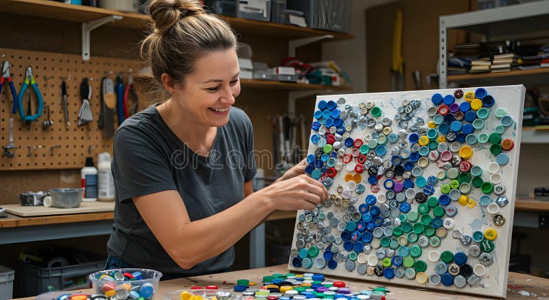 Woman Creating Bottle Cap Art on Canvas Stock Illustration ...