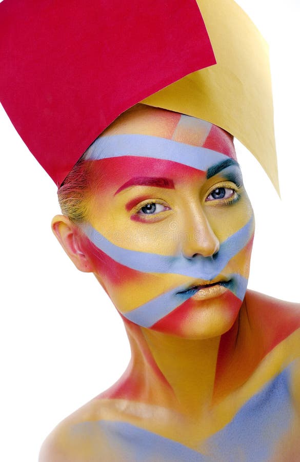 Woman with Creative Geometry Make Up, Red, Yellow Stock Image - Image ...