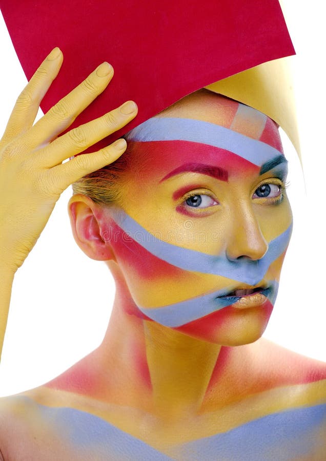 Woman with Creative Geometry Make Up, Tree Color Red, Yellow, Blue ...