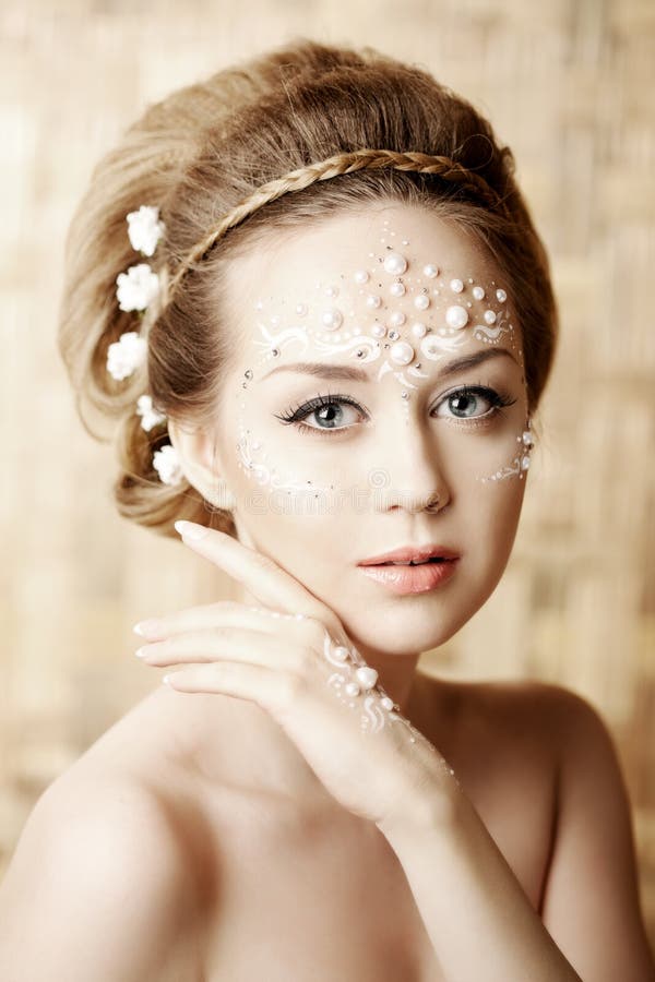 Woman with Creative Make-up of Pearls Stock Image - Image of facial ...