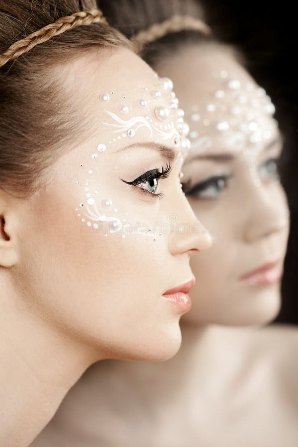 Woman with Creative Make-up of Pearls Stock Photo - Image of face ...