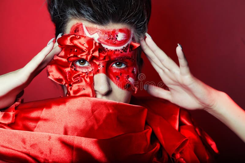 Woman with Creative Red Face Art Stock Image - Image of look, bodyart ...
