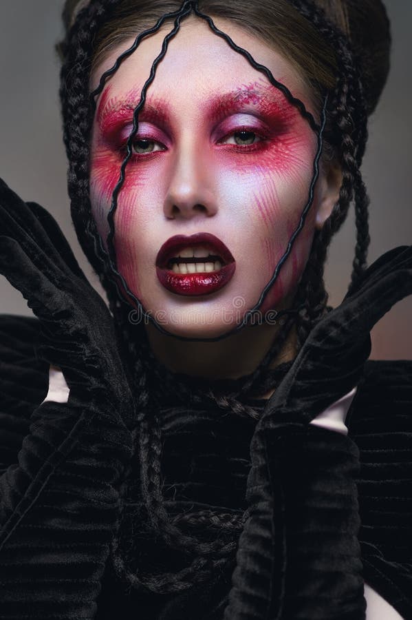 Woman with Creative Red Make-up Stock Image - Image of brunette, head ...