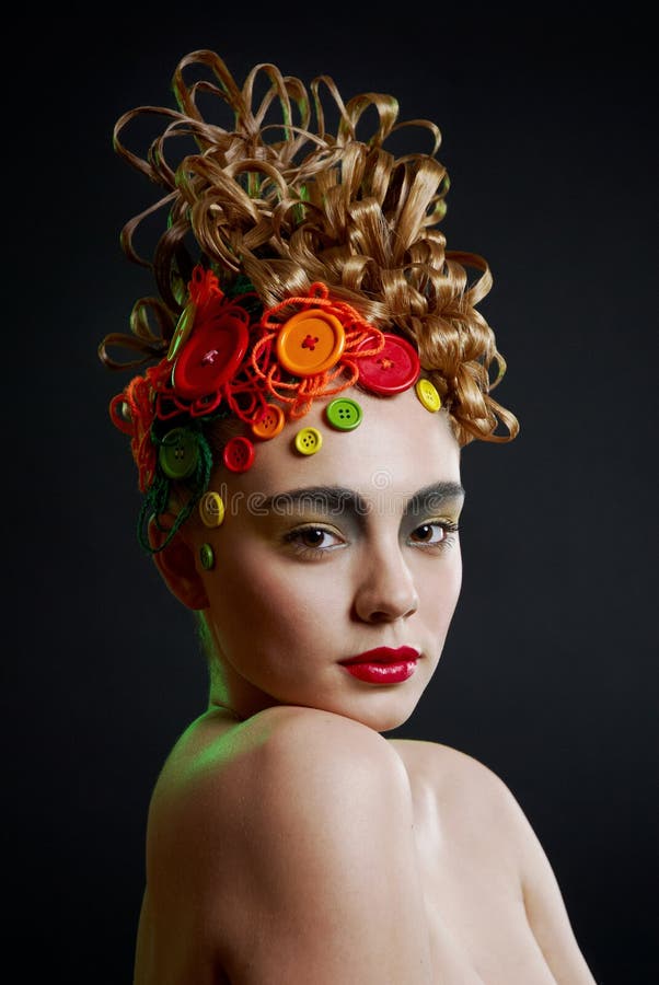 Woman with Creativity Hairstyle with Colored Button Stock Image - Image ...
