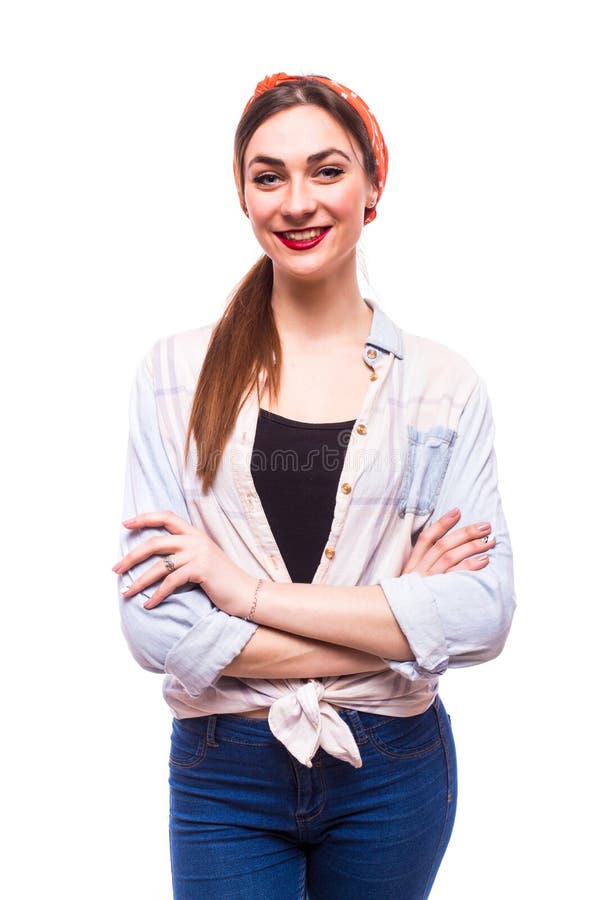 Woman Crossed Arms Standing Against White. Stock Photo - Image of ...