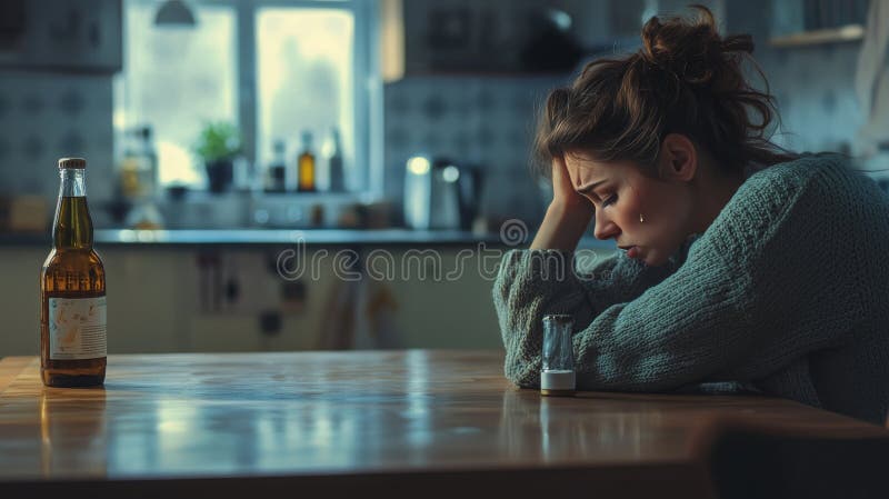 Woman Crying at Kitchen Table with Bottle Stock Illustration ...
