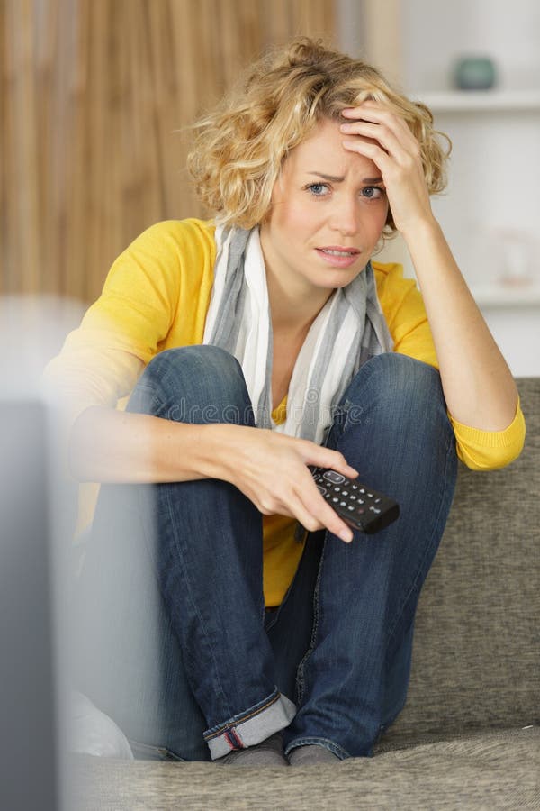 Woman crying on sofa stock image. Image of adult, sorrow - 260342313
