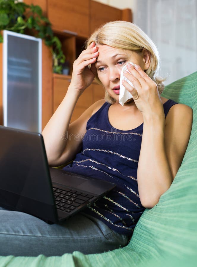 Woman Crying while Using Laptop Stock Image - Image of handkerchief ...