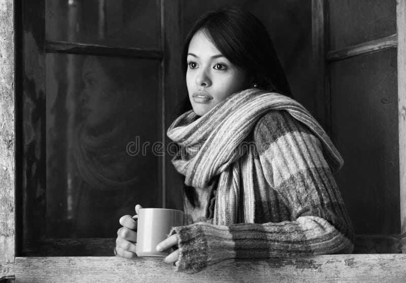 Beautiful Woman Behind Window with a Cup of Coffee Stock Image - Image ...