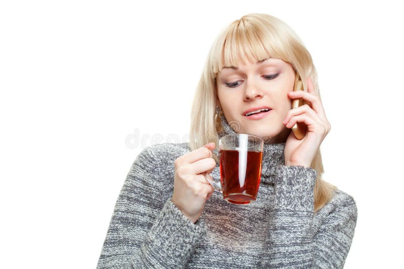 Woman with Cup of Tea and Phone Stock Image - Image of girl, life: 14457179