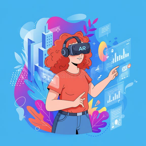 A Woman with Curly Red Hair Wears an Augmented Reality (AR) Headset ...