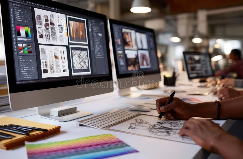 A Woman is Currently Sitting at a Desk and Working on Her Computer ...