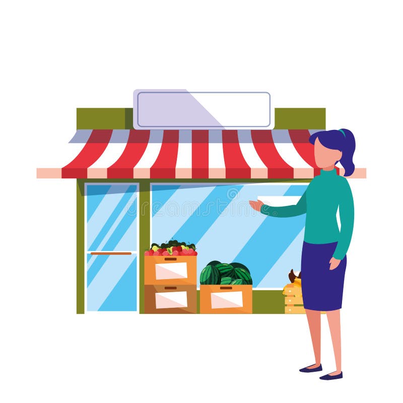 Woman Customer Standing Market Front Stock Illustration - Illustration ...