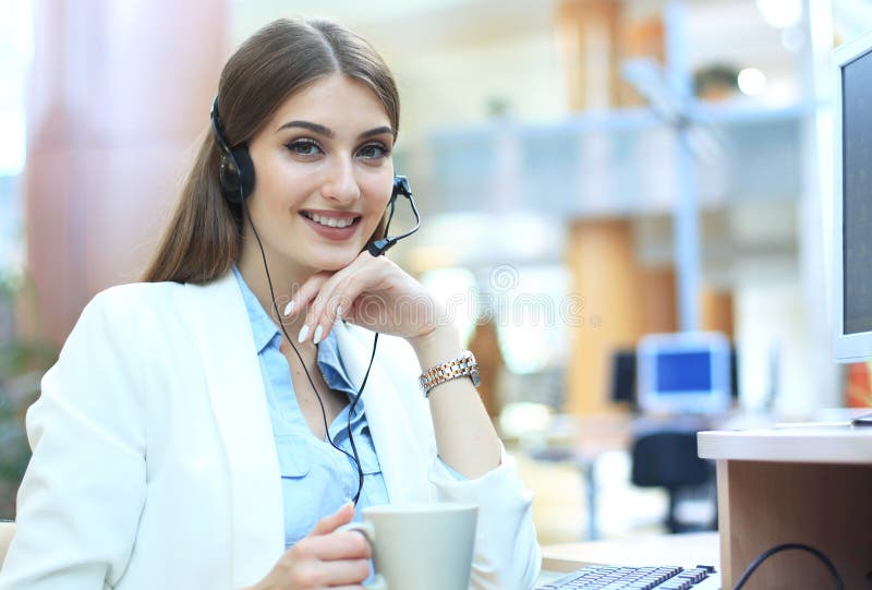 Woman Customer Support Operator with Headset and Smiling. Stock Image ...