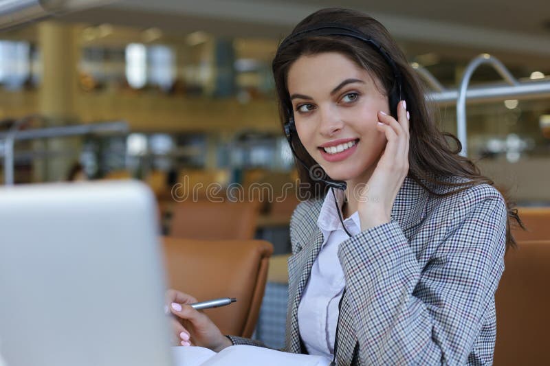Woman Customer Support Operator with Headset and Smiling Stock Photo ...