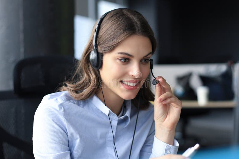 Woman Customer Support Operator with Headset and Smiling Stock Image ...