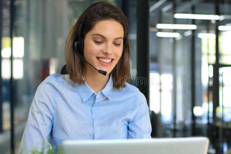 Woman Customer Support Operator with Headset and Smiling. Stock Image ...