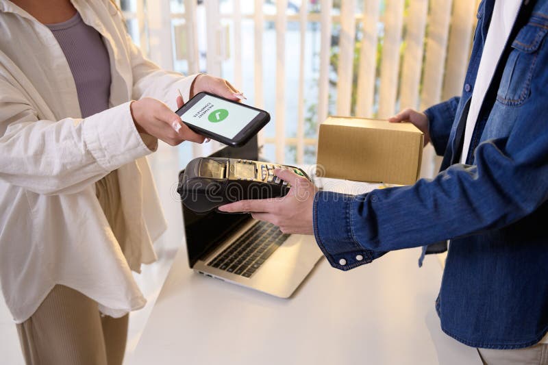 Woman Customer Using QR Code Payment Via Smartphone for Paying at Shop ...