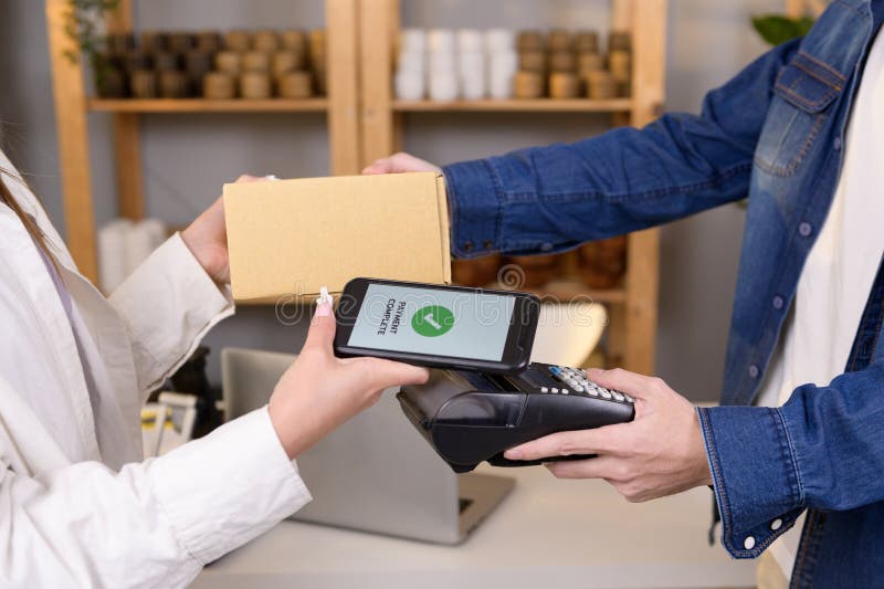 Woman Customer Using QR Code Payment Via Smartphone for Paying at Shop ...